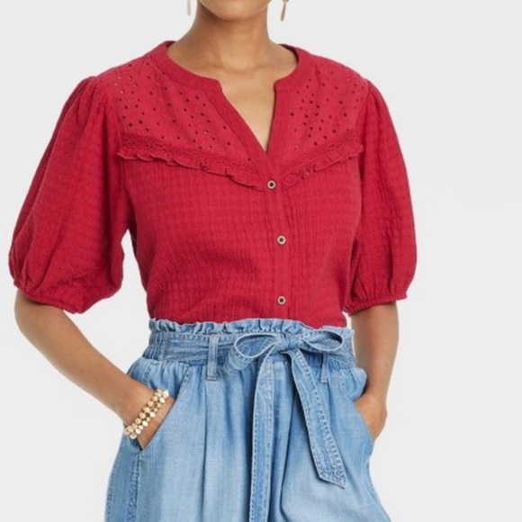 Knox Rose | Tops | Knox Rose Red Eyelet Yoke Puff Sleeve Textured Top ...